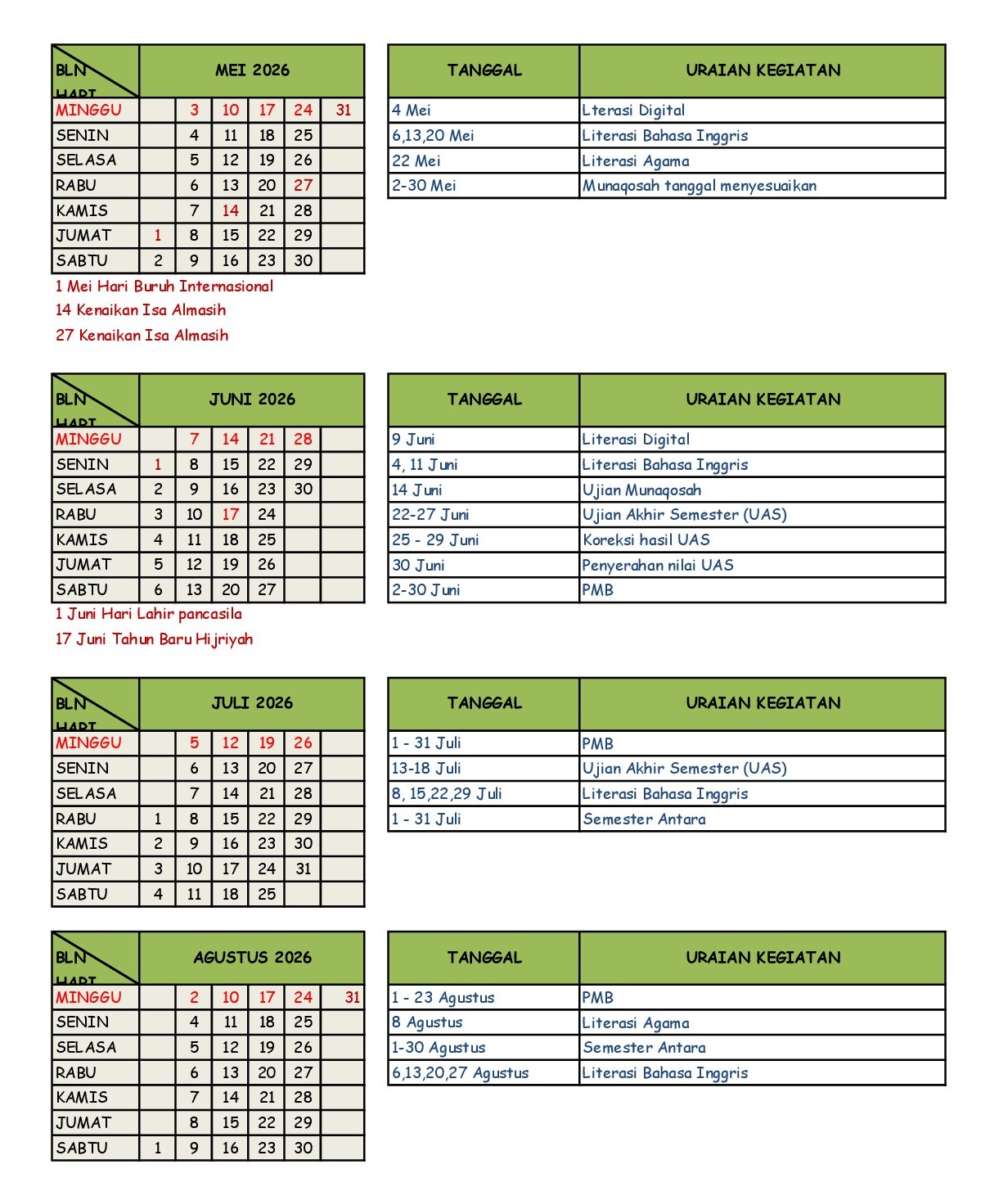 Kalender Akademik T.A.2025/2026 - STAINU Purworejo